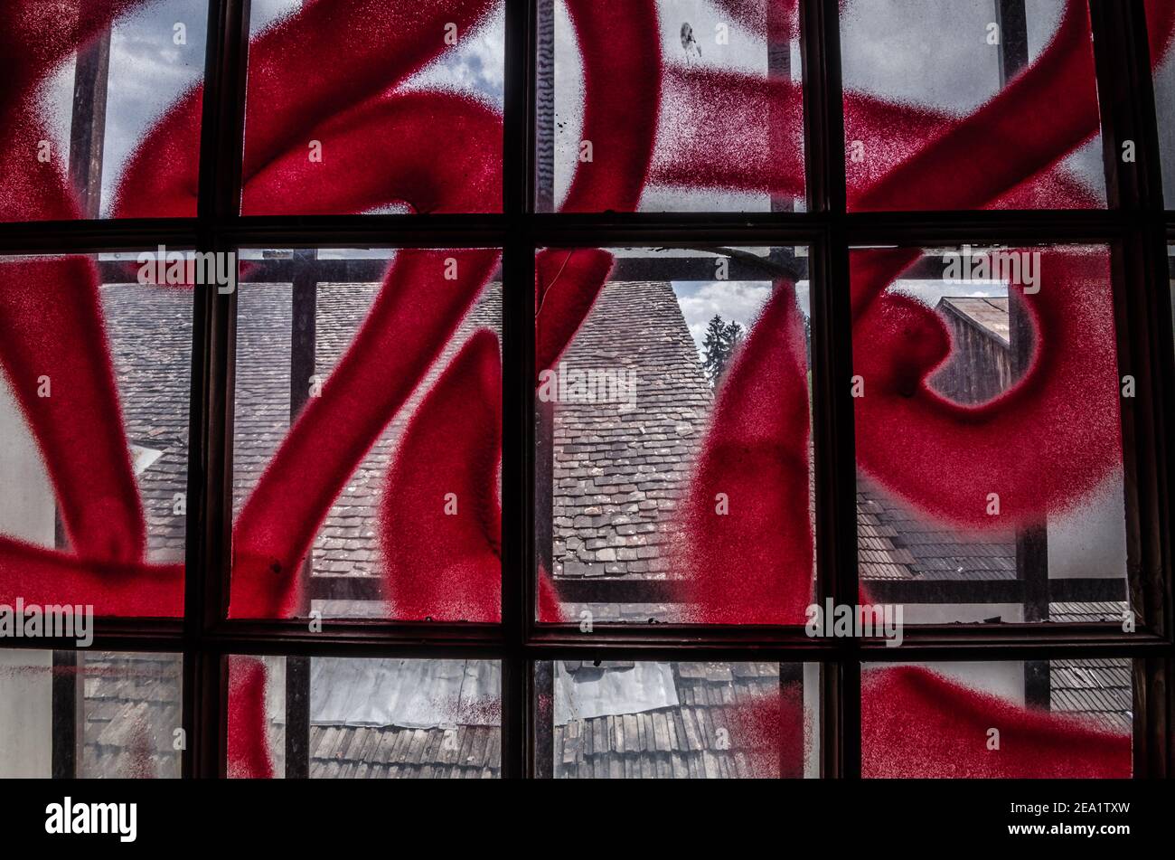 window with red graffiti detail view Stock Photo - Alamy