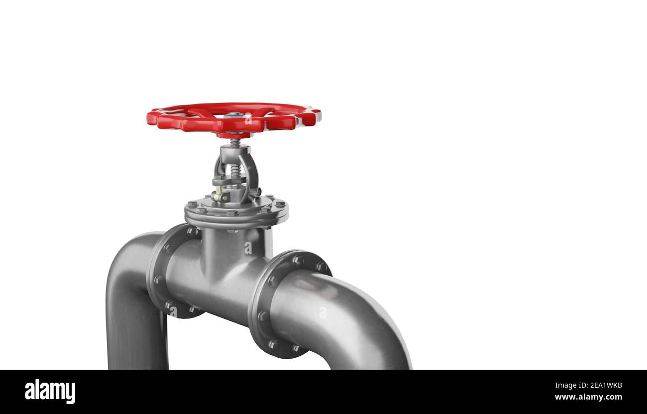 3D render glossy metal pipe with valve on a white background ...