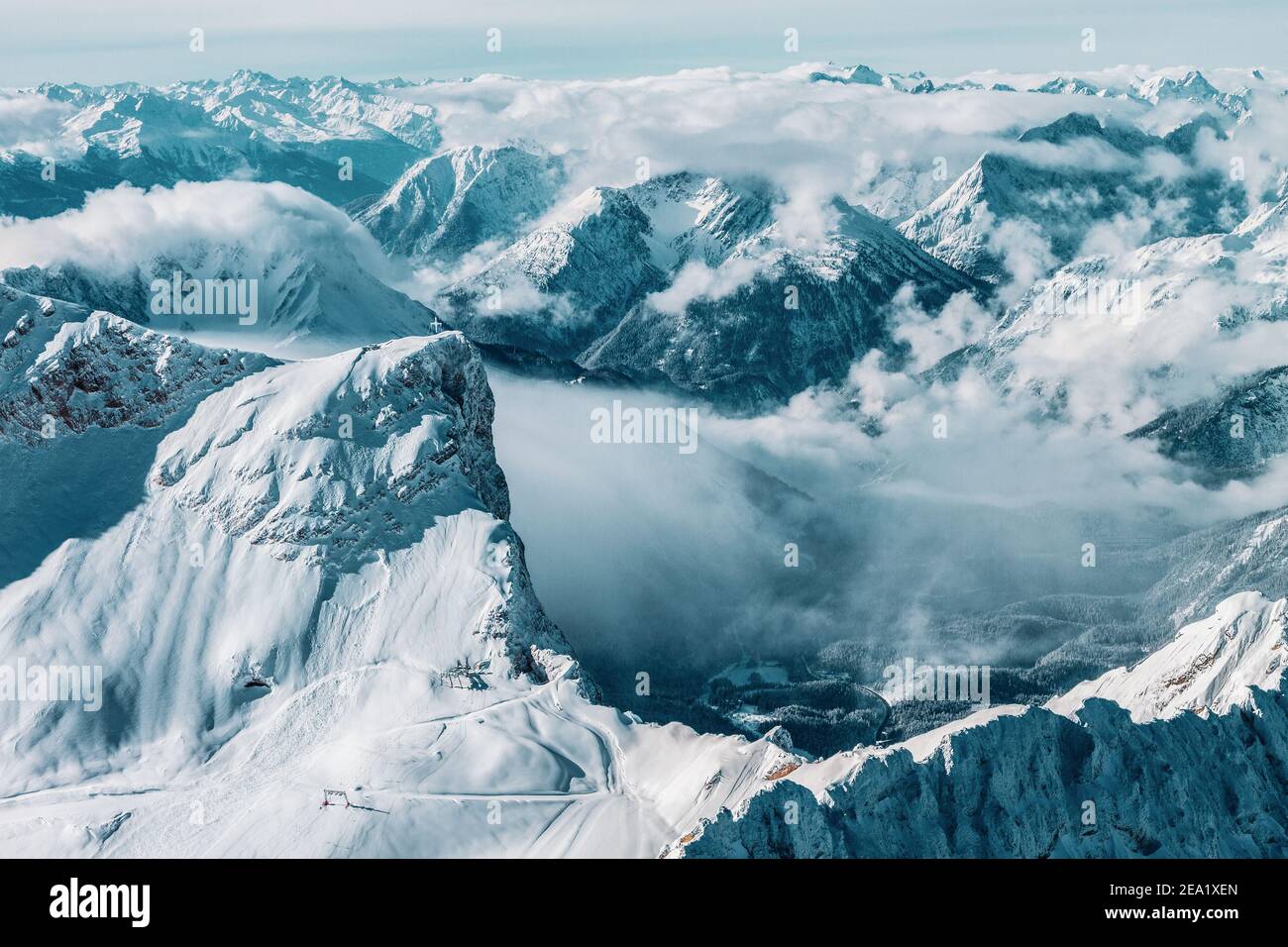 Mountain panorama from the viewing platform on the Zugspitze. German ...
