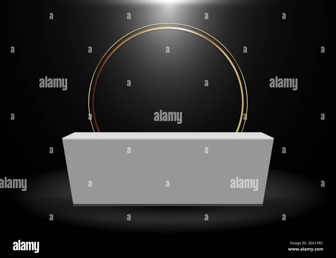 3D rendering realistic black product shelf standing backdrop with gold ...