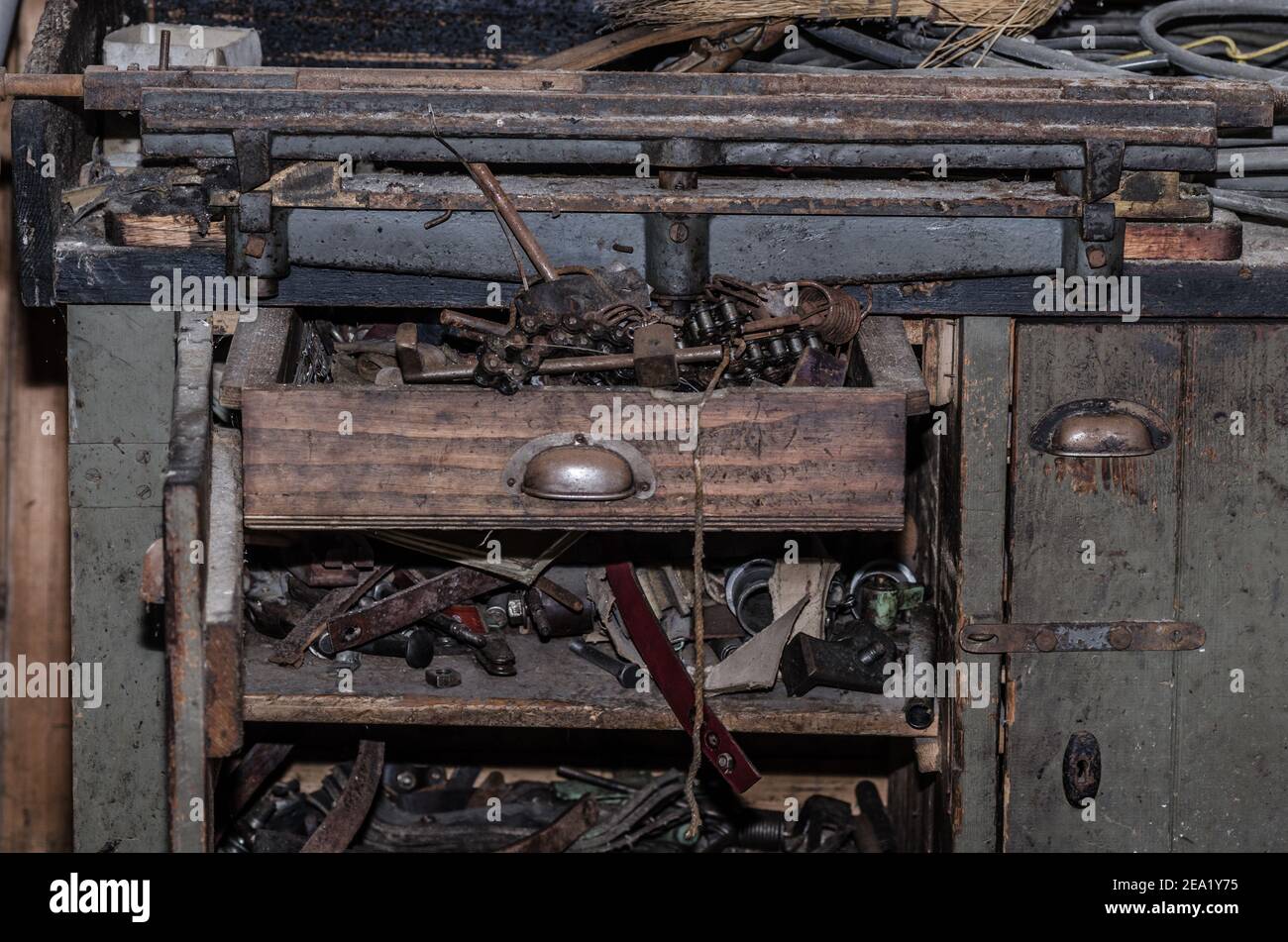 toolbox on workbench in old factory Stock Photo - Alamy