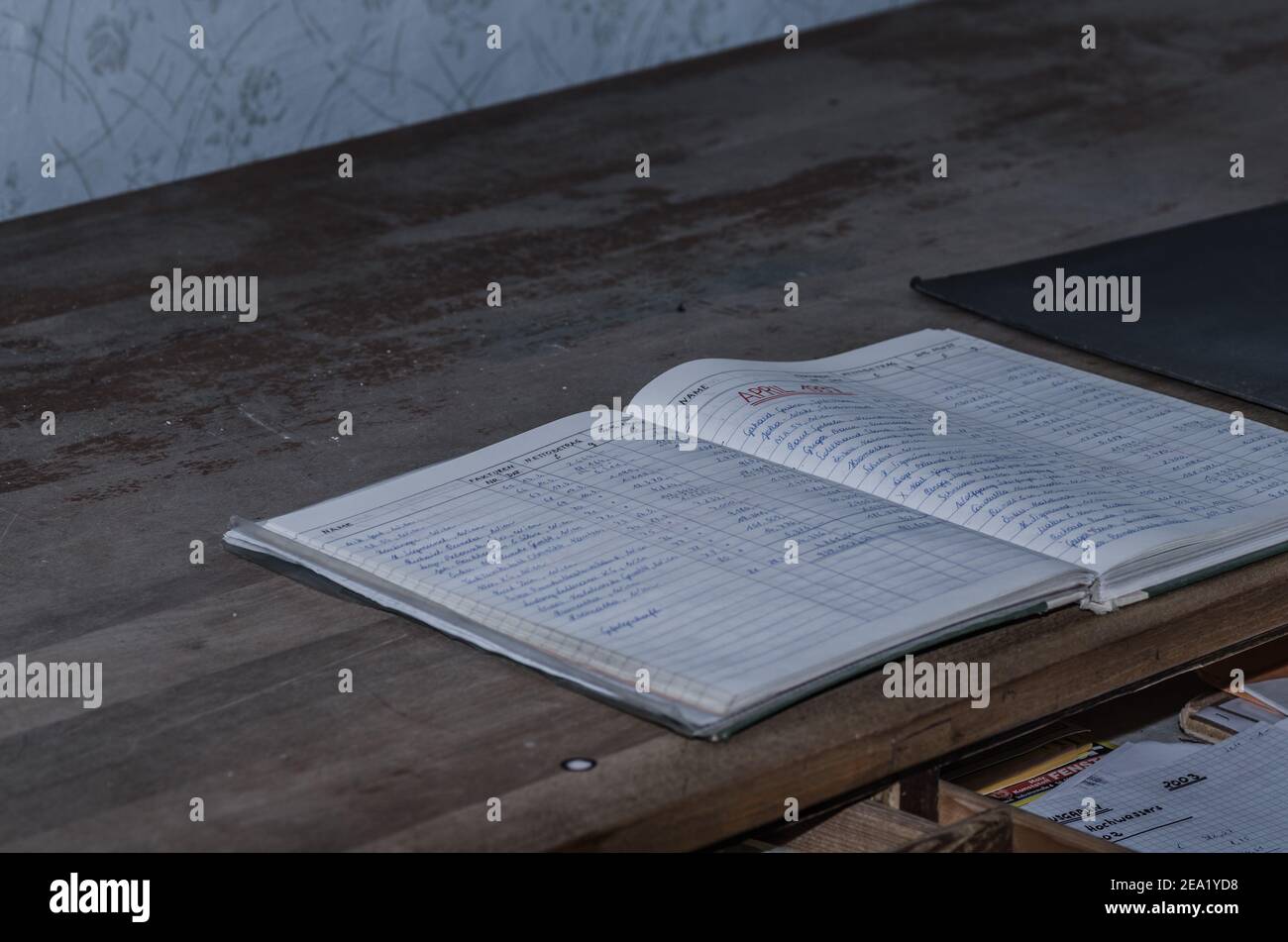 old book with records on a desk Stock Photo - Alamy