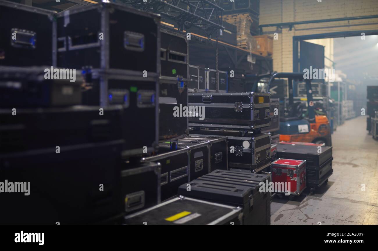 preparation for the concert. Equipment boxes Stock Photo - Alamy