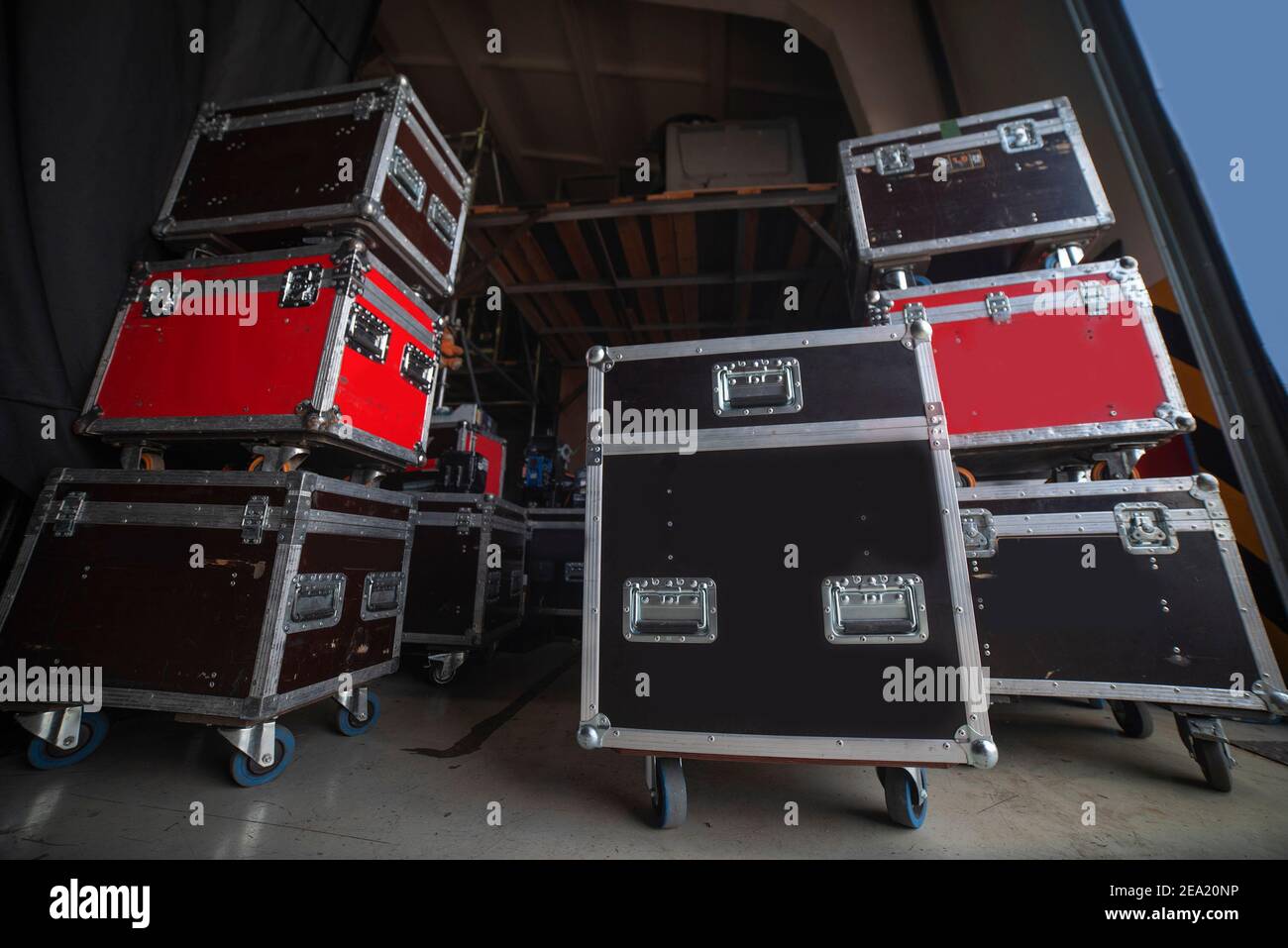 preparation for the concert. Equipment boxes Stock Photo - Alamy