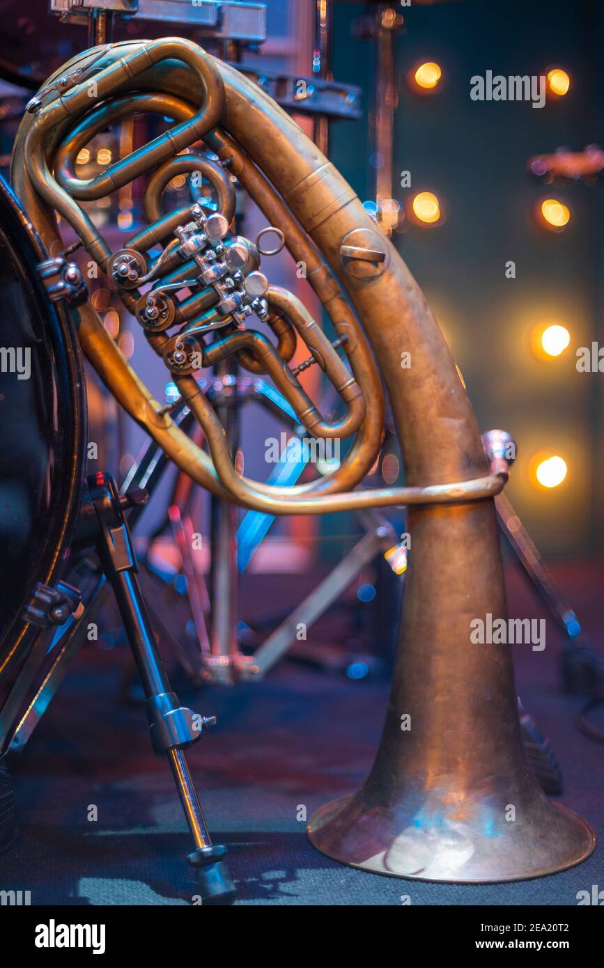 trumpet musical instrument. standing on stage Stock Photo - Alamy
