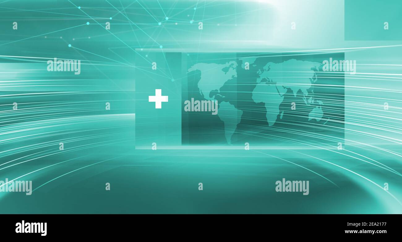 Modern health care studio space with world map on flat screen, suitable ...