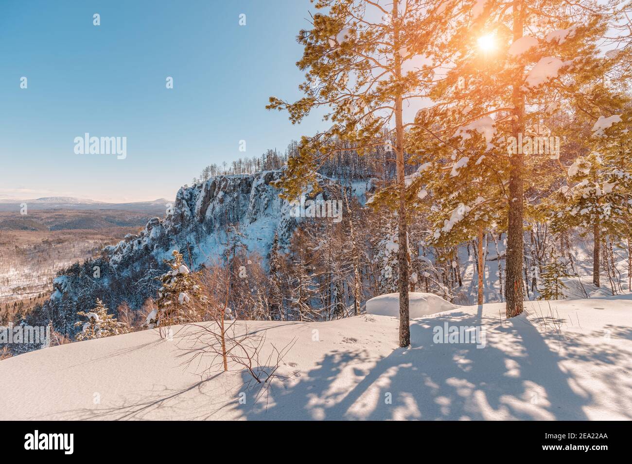 Colorful suny weather in snowy mountains landscape. Spring season ...