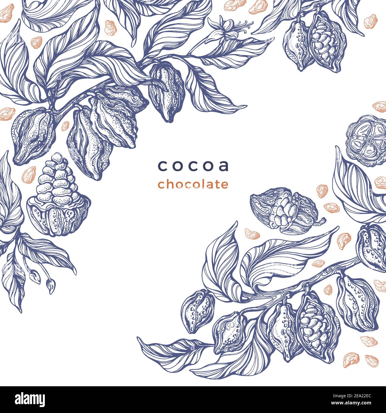 Cacao texture plant. Vector graphic bean, branch. Art hand drawn ...