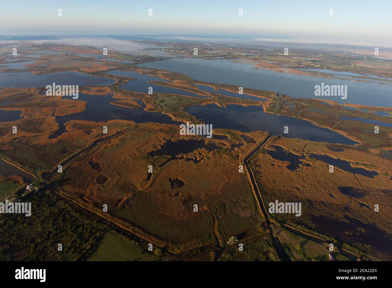 Salt lakes, aerial view in the Rhone delta, Camargue, Provence, France ...