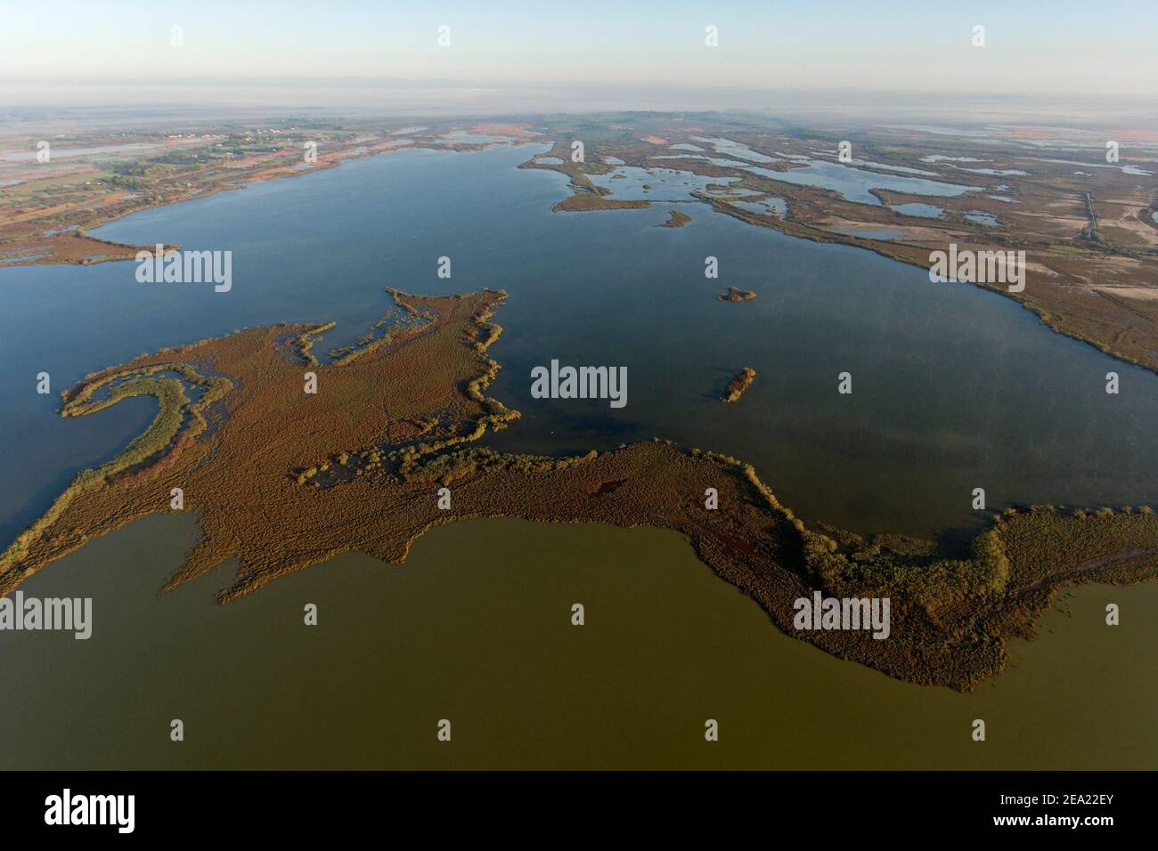 Salt lakes, aerial view in the Rhone delta, Camargue, Provence, France ...