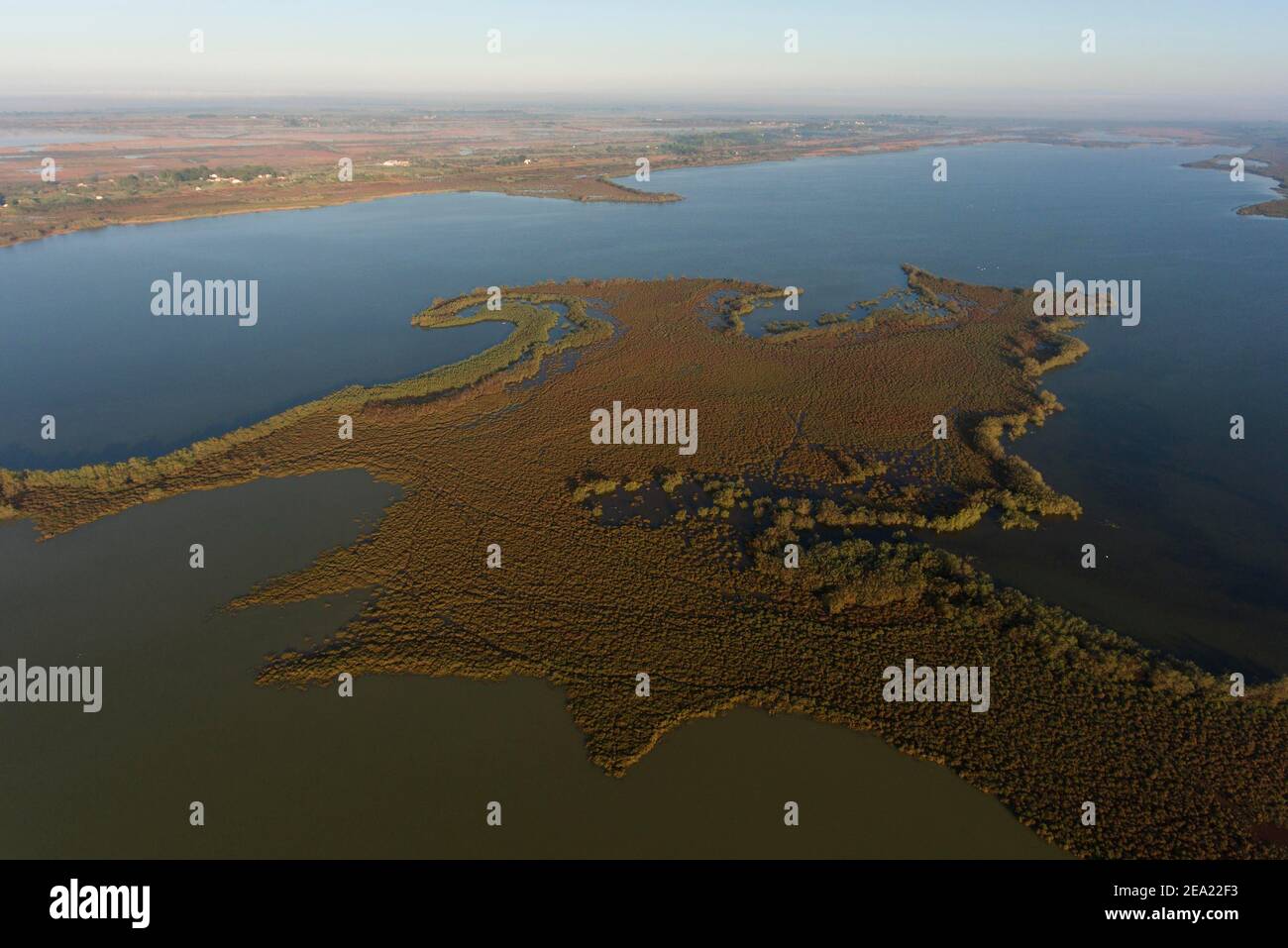 Salt lakes, aerial view in the Rhone delta, Camargue, Provence, France ...