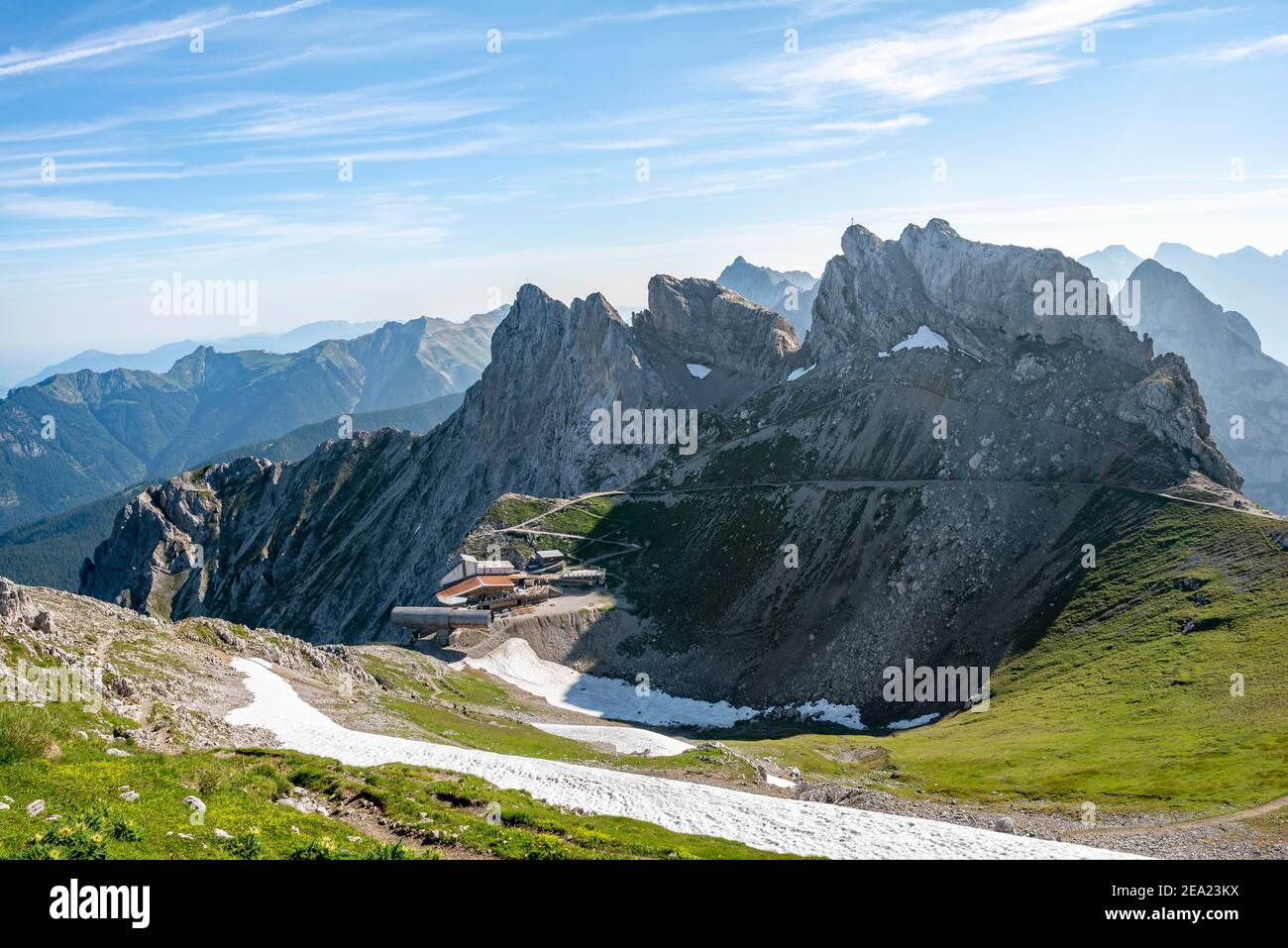 View of Karwendel mountain restaurant and Karwendelbahn with northern ...