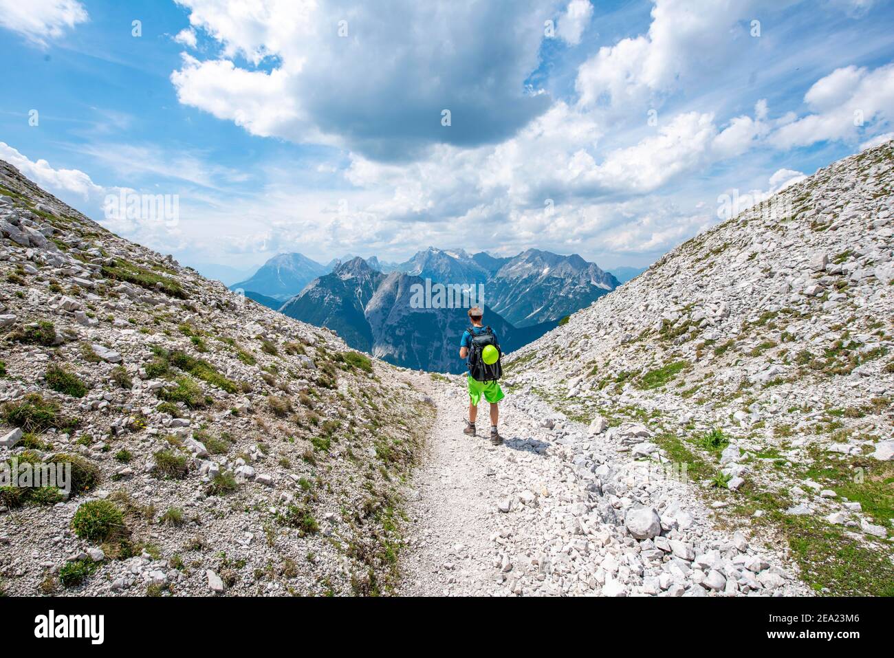 Mountaineers hiking on the via ferrata Mittenwalder Hoehenweg ...