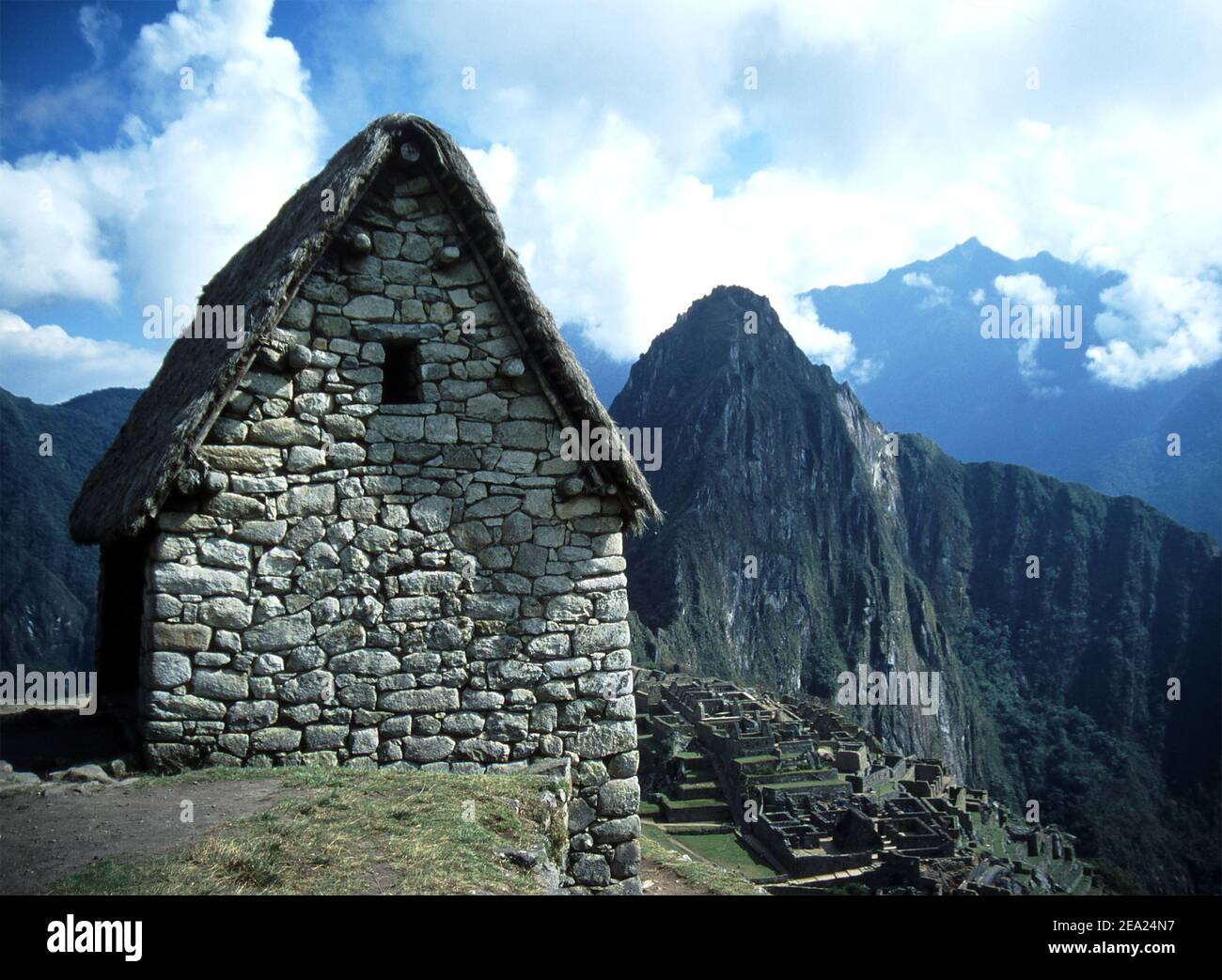 Gate keepers hut at Machu Picchu with Huayna Picchu in the background ...