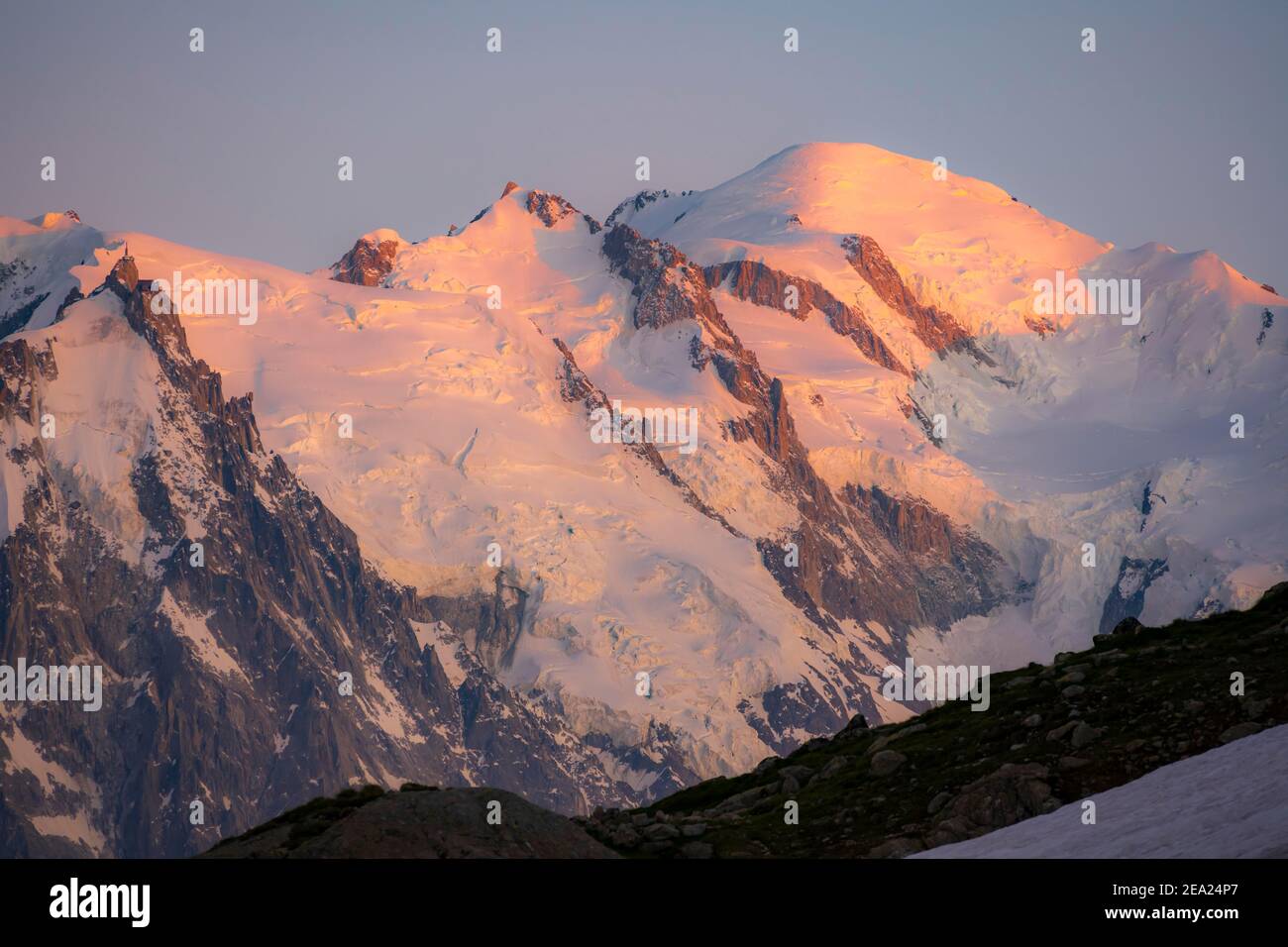 Sunset, Glacier des Bossons, summit of Mont Blanc with glacier, Mont ...