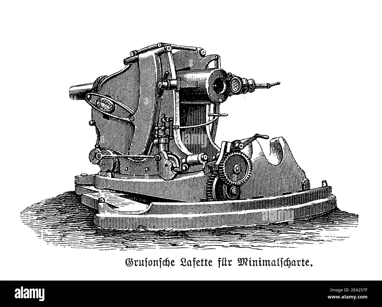 Gruson revolver gun mounted on wheels, surelevated casemate carriage ...