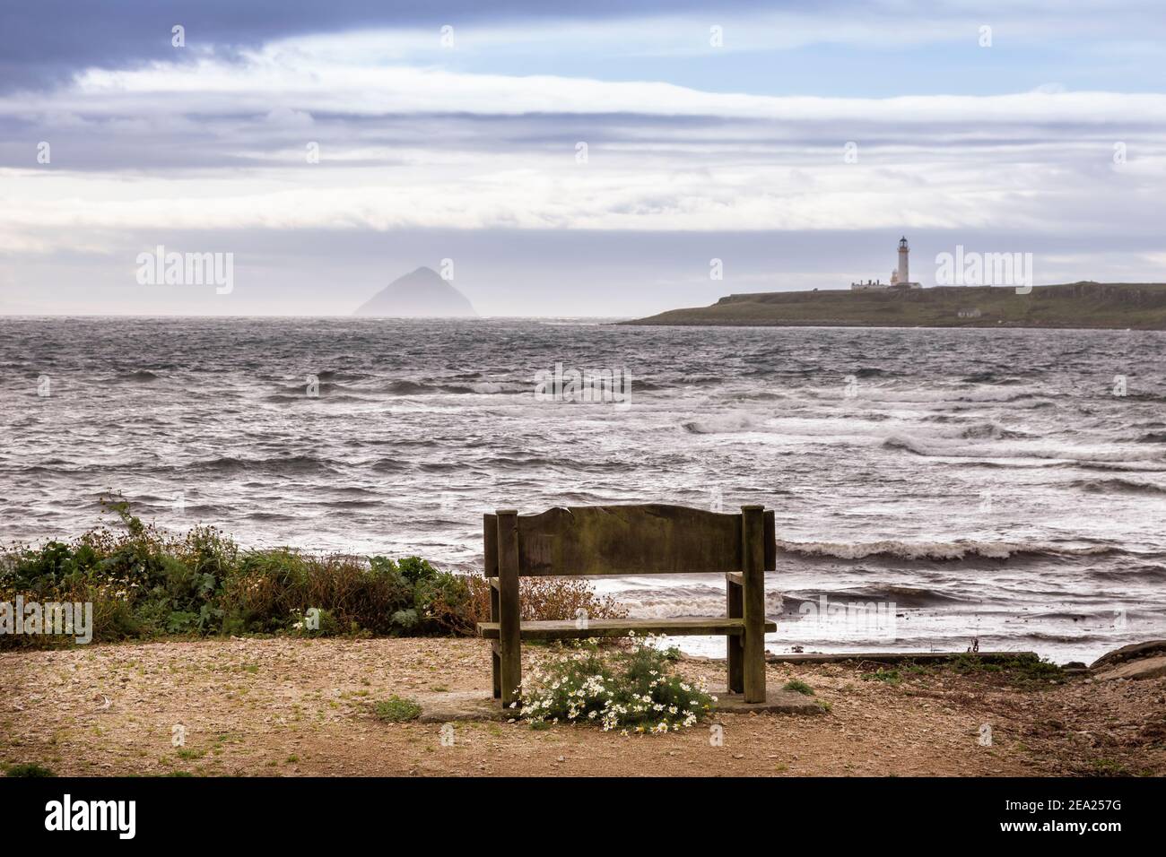 seat with view of Ailsa Craig and lighthouse on Arran Stock Photo - Alamy