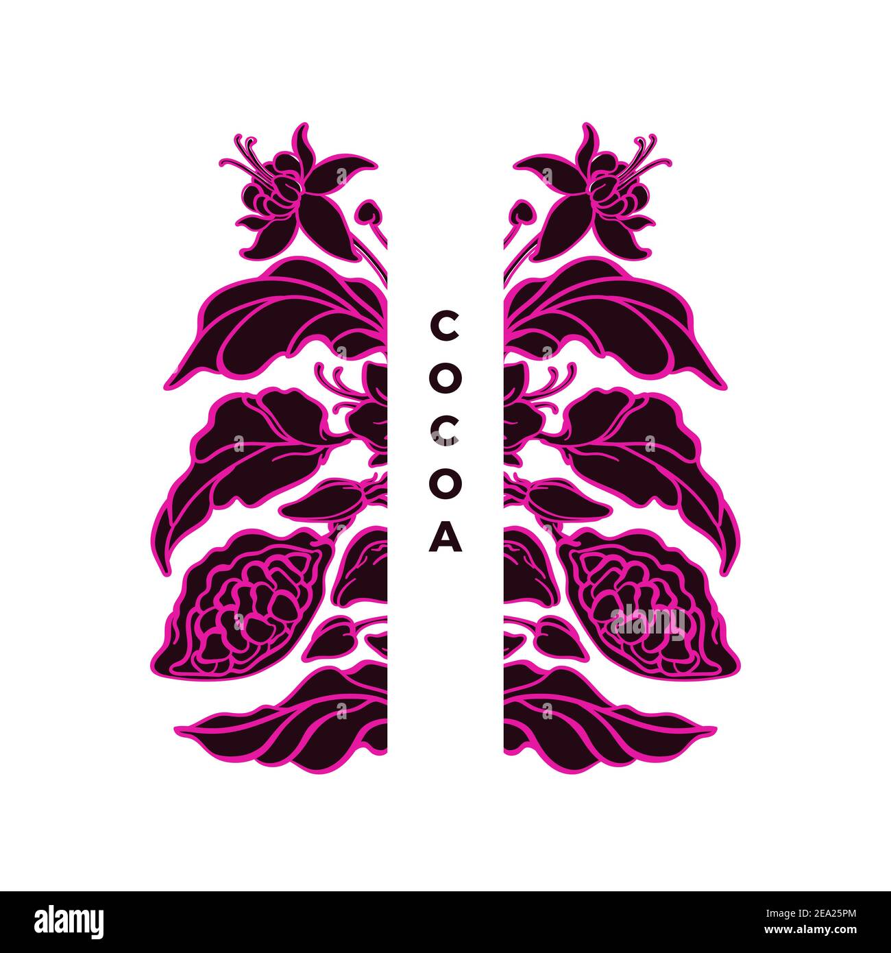 Cacao exotic symbol. Chocolate pod, silhouette of bean, leaves. Vector ...