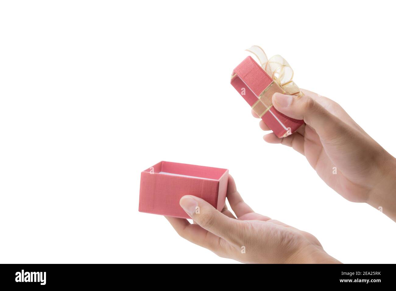Hand open red gift box with lid isolated on white background, hand ...