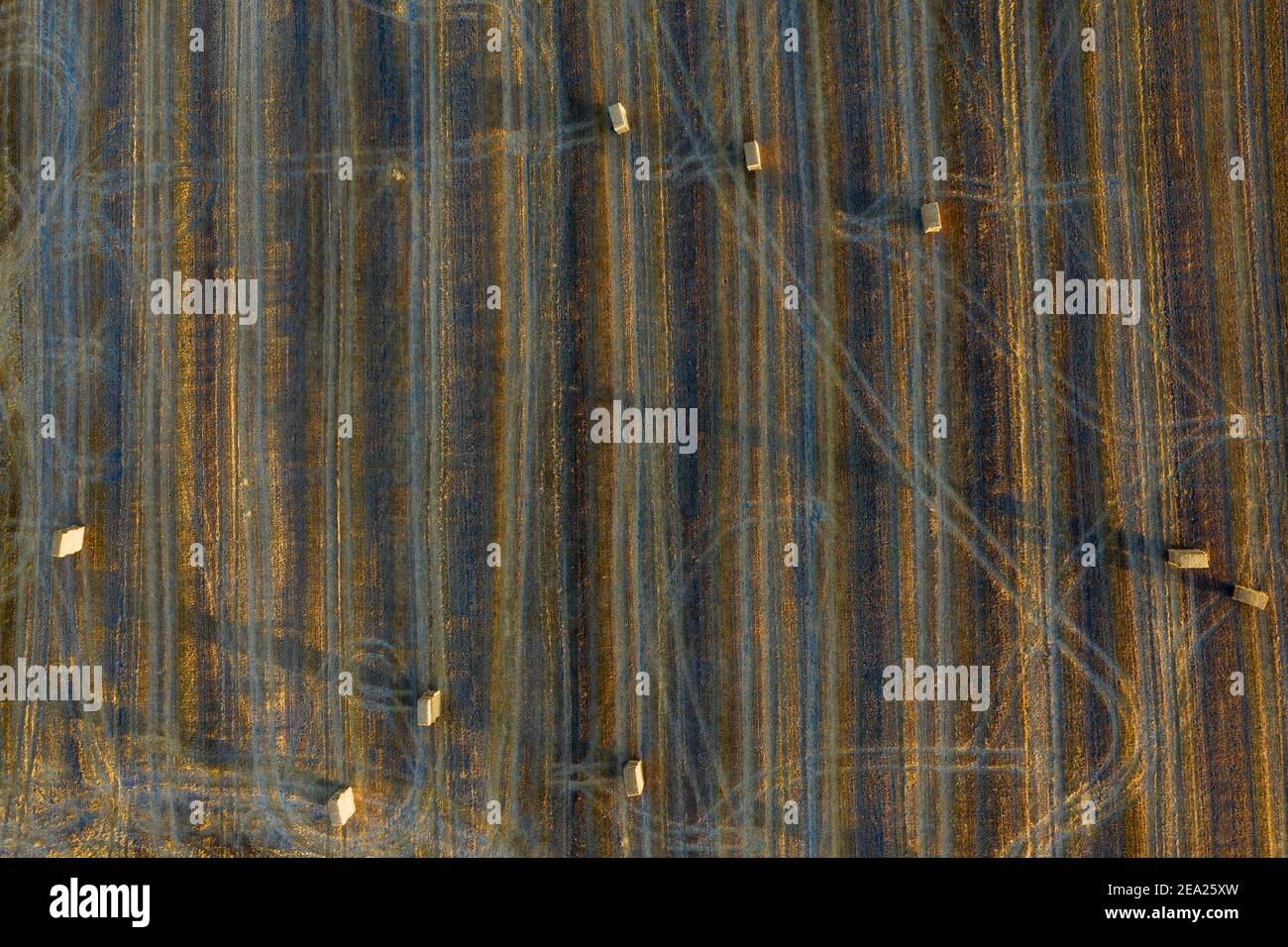 Bales of straw and abstract patterns in cornfield after wheat harvest ...
