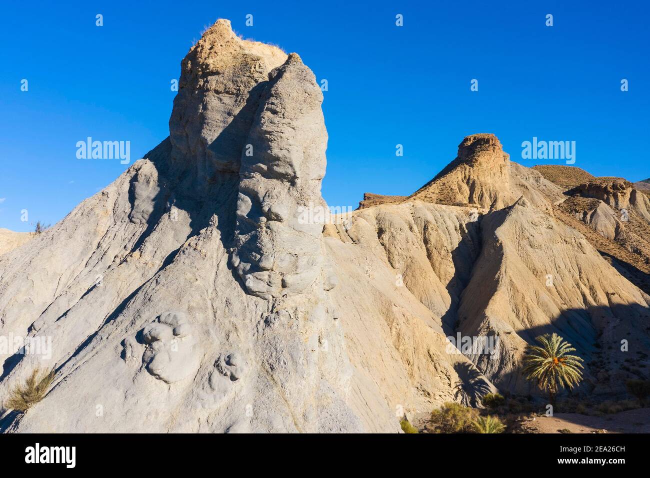 Bare ridges of eroded sandstone in the Tabernas Desert, aerial view ...