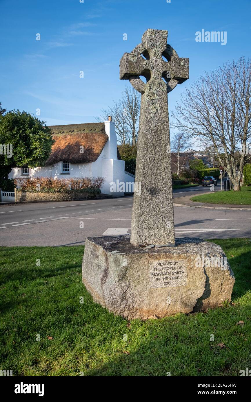 Stone traditional tall Cornish Celtic cross in the village centre to ...