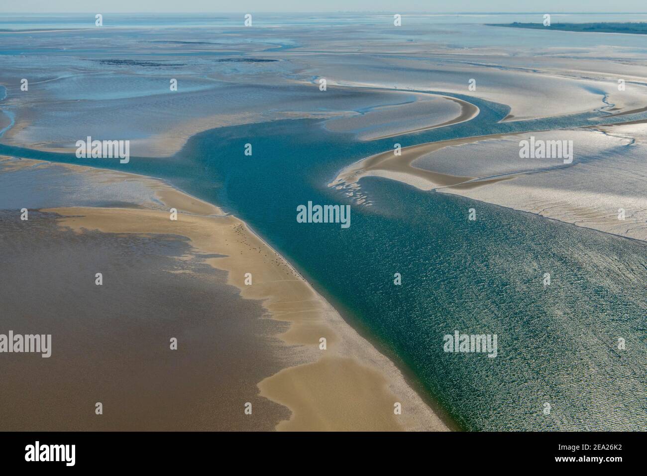 Aerial view, tidal flat between Harlesiel and Wangerooge, Wadden Sea ...
