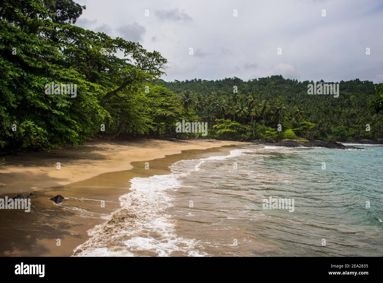 Remote tropical beach in the jungle, east coast of Sao Tome, Sao Tome ...