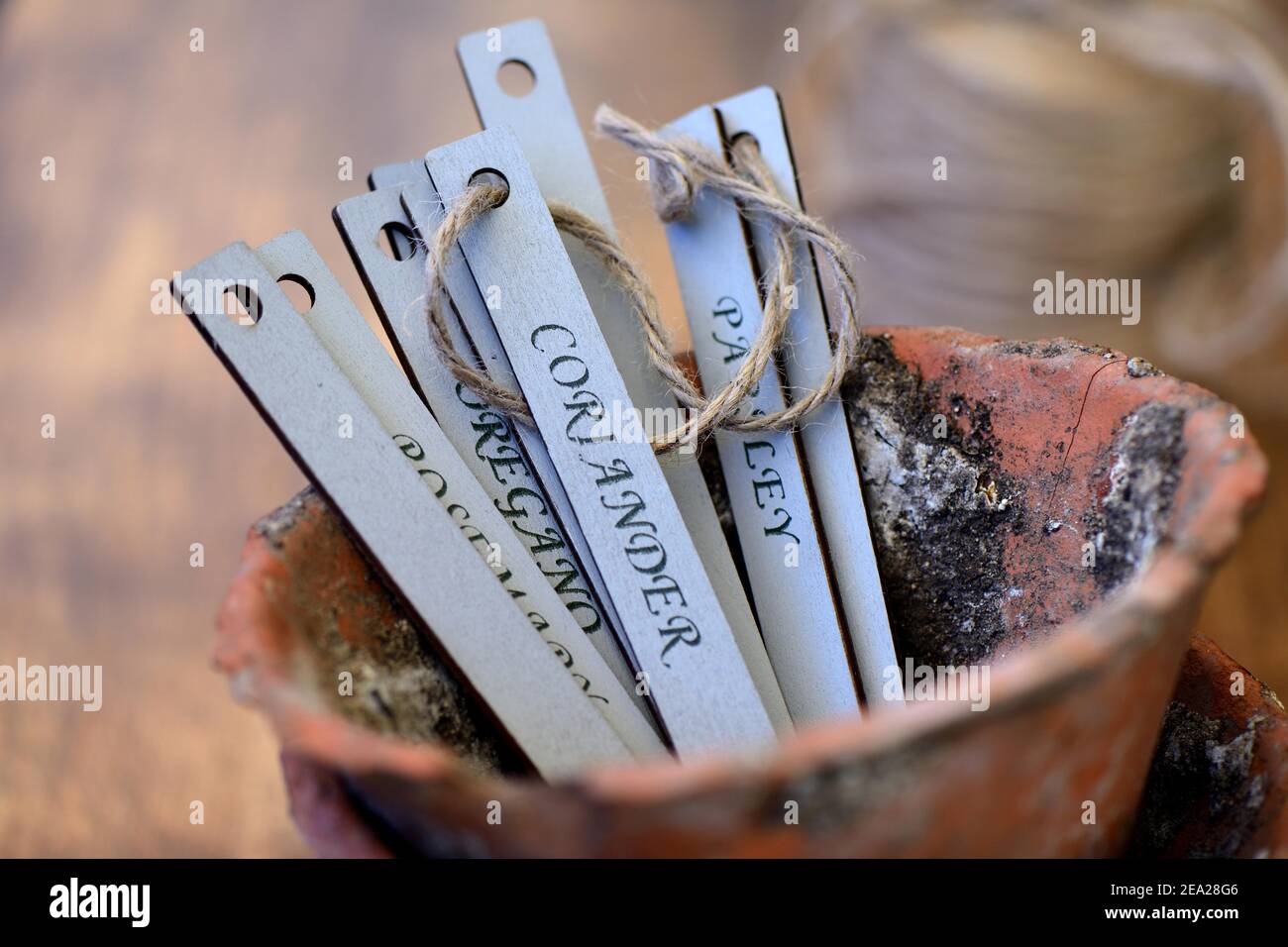 Signs in clay pot, plant inscriptions, plant labels Stock Photo - Alamy
