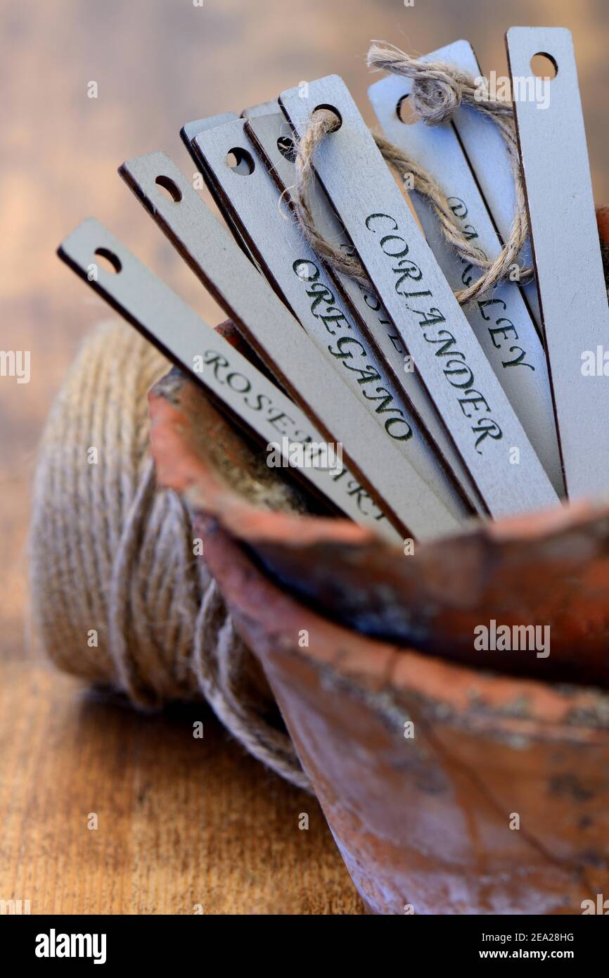 Signs in clay pot, plant inscriptions, plant labels Stock Photo - Alamy