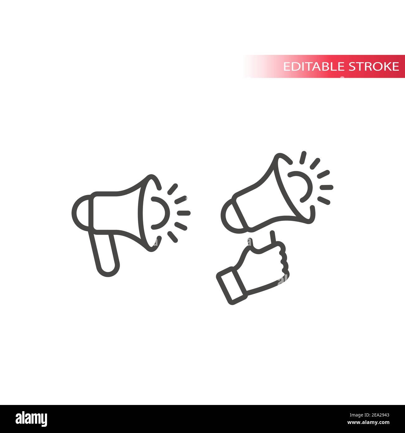 Megaphone or loudspeaker line vector icon. Hand holding bullhorn or ...