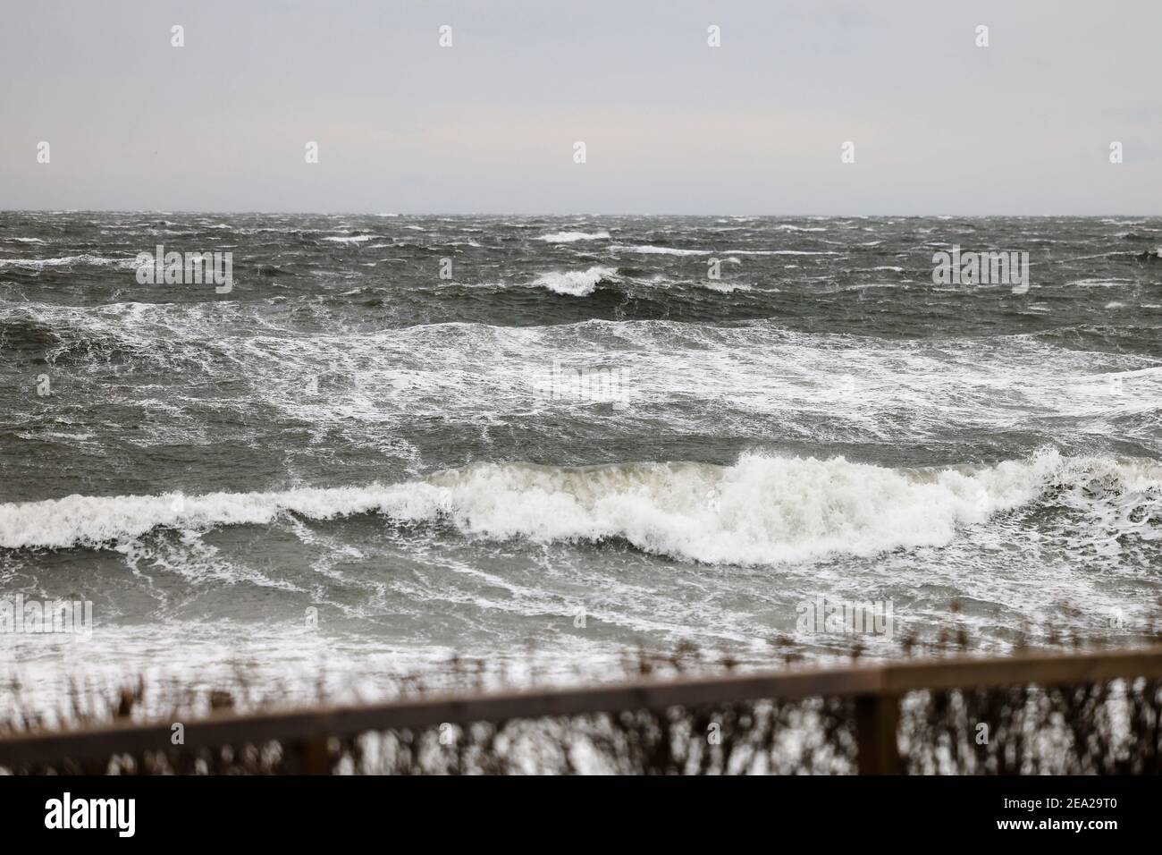 Strande, Germany. 07th Feb, 2021. Wave crests piled up on the Baltic ...