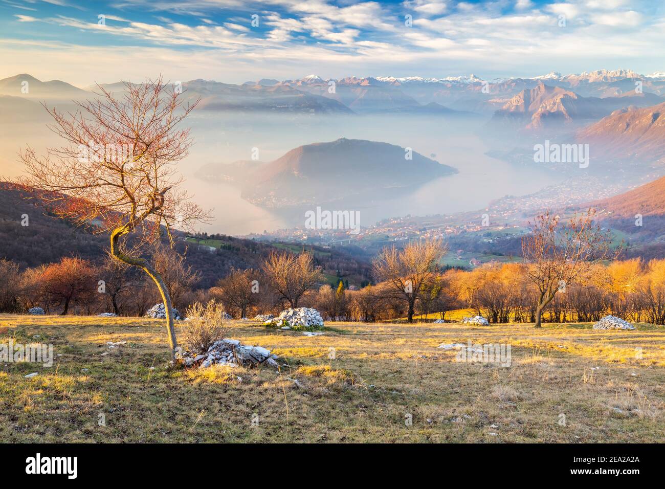 Sunset on Iseo Lake from Colmi of Sulzano viewpoint. Sulzano, Brescia ...