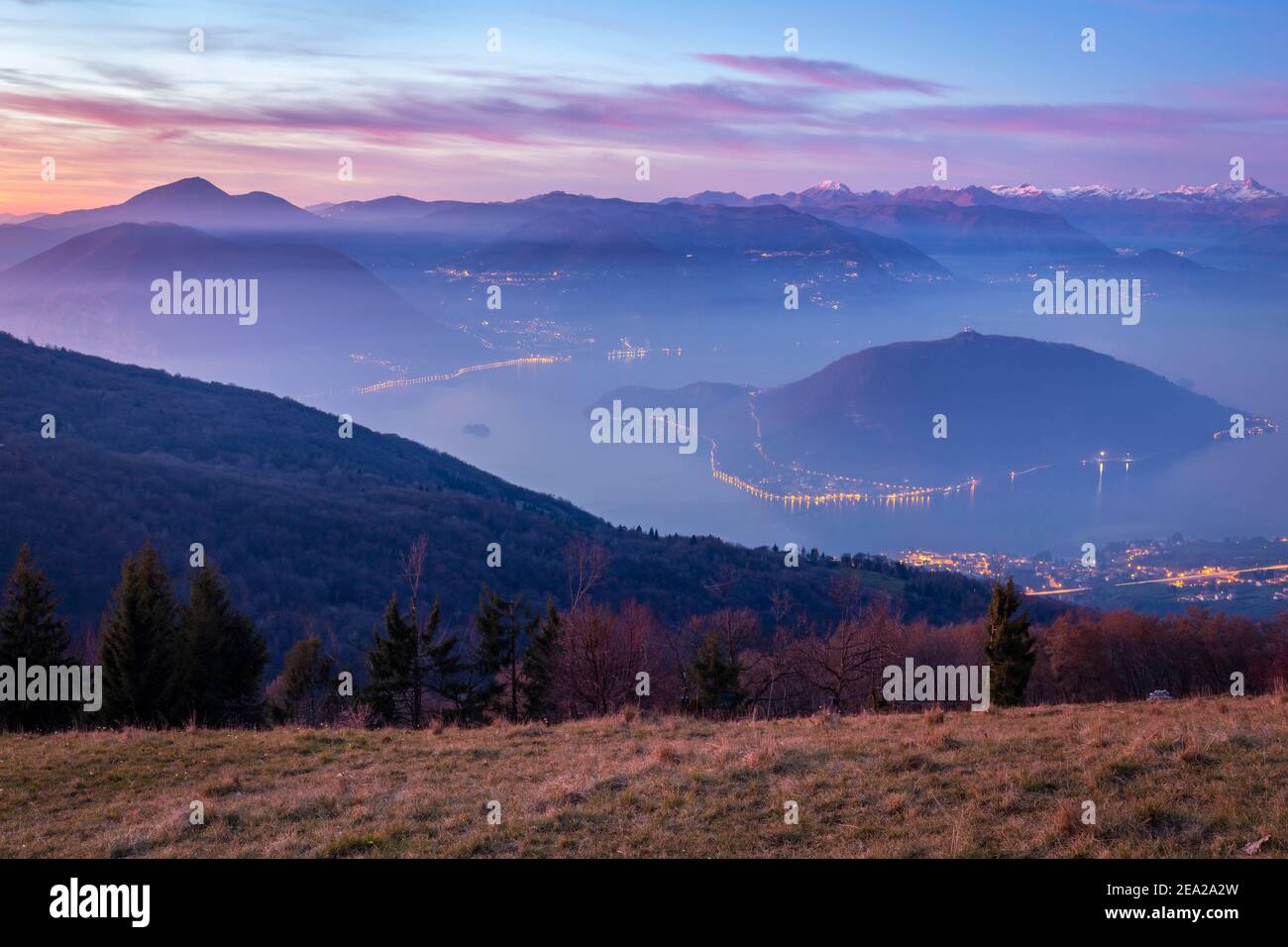 Sunset on Iseo Lake from Colmi of Sulzano viewpoint. Sulzano, Brescia ...