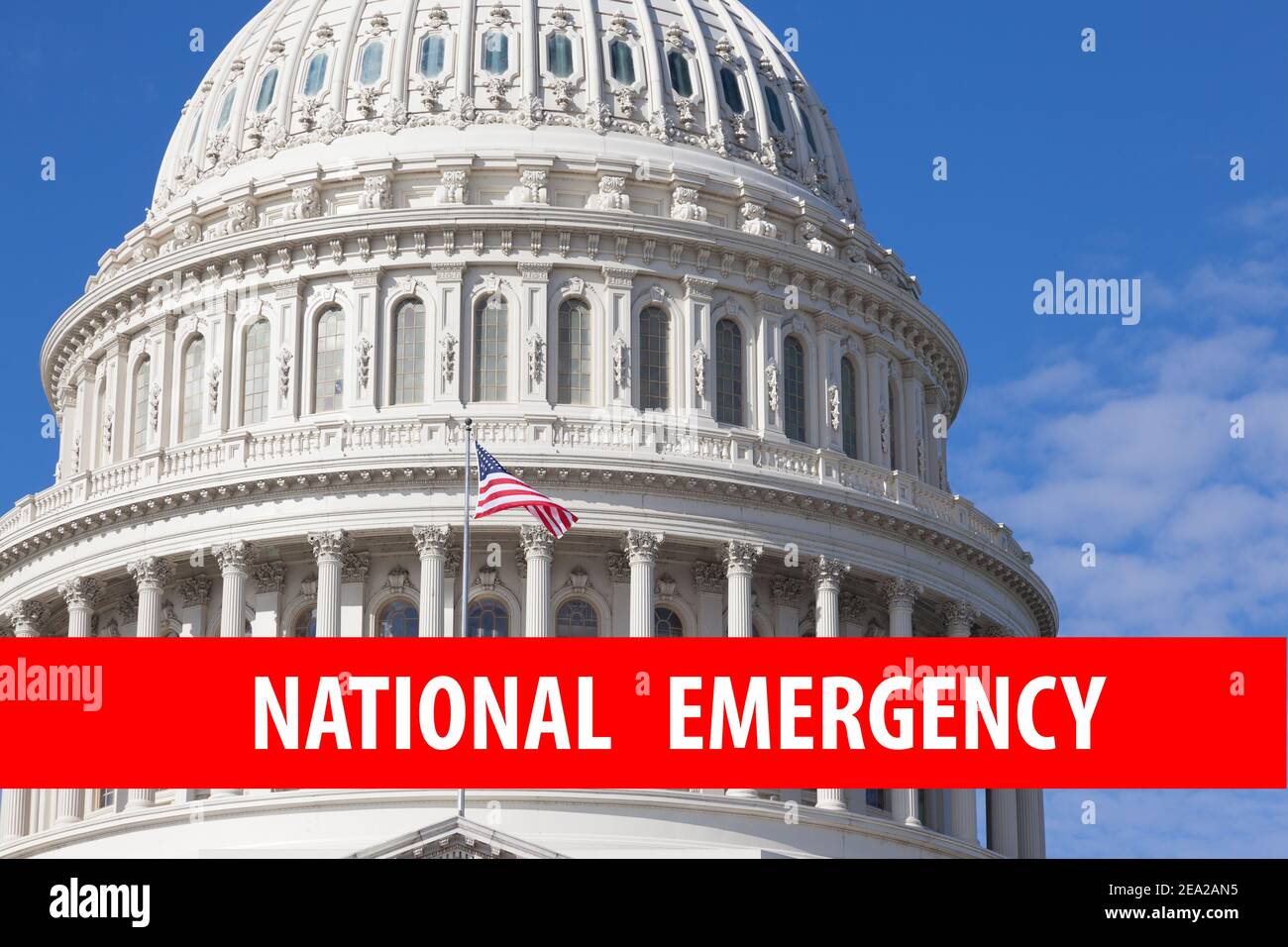 Inscription National Emergency on a red tape against the backdrop of ...