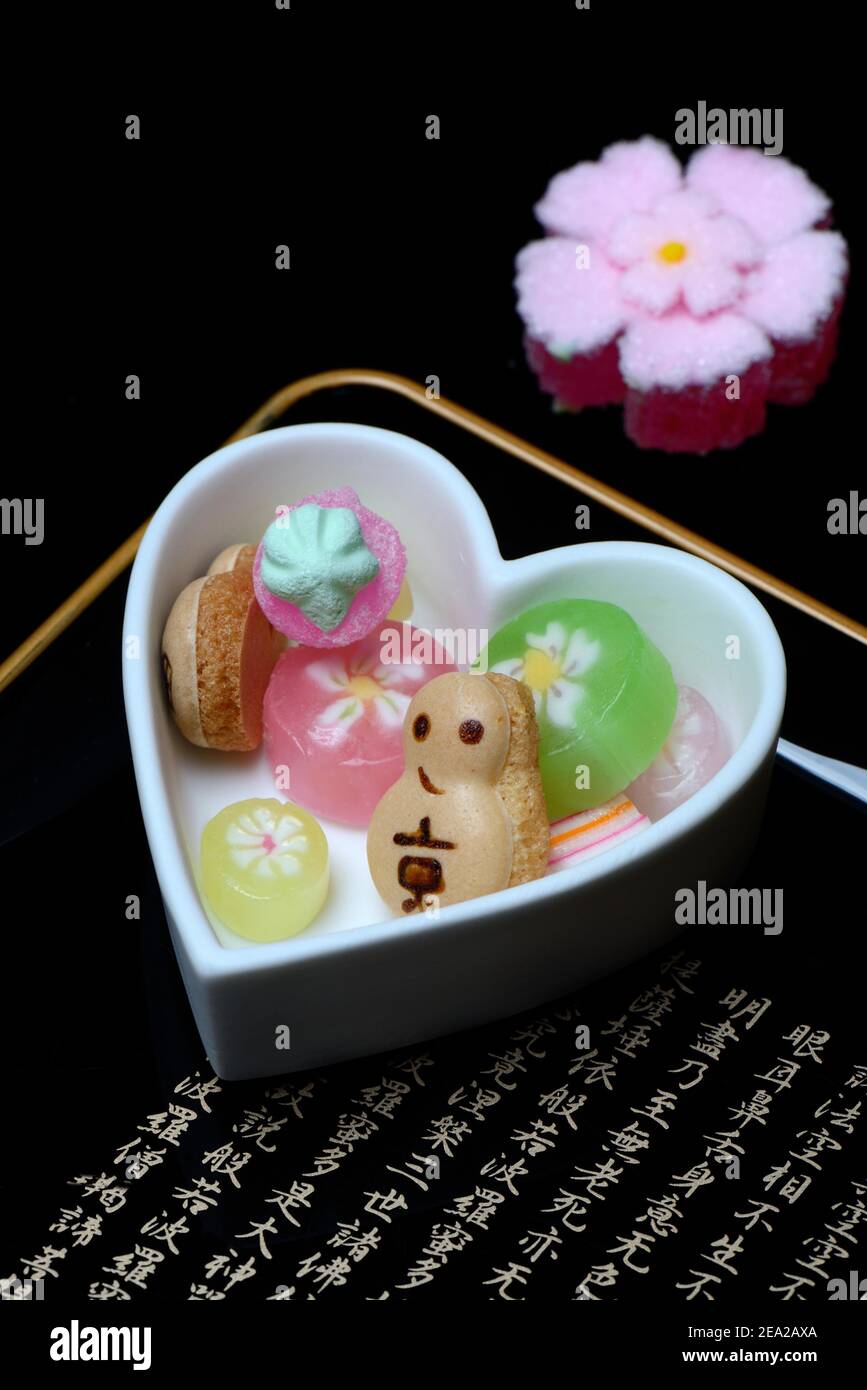 Wagashi, Japanese sweets in heart-shaped bowls, candy, sweets Stock ...