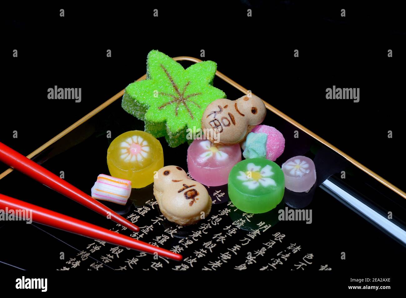 Wagashi, Japanese sweets on tray with characters, candy, sweets Stock ...