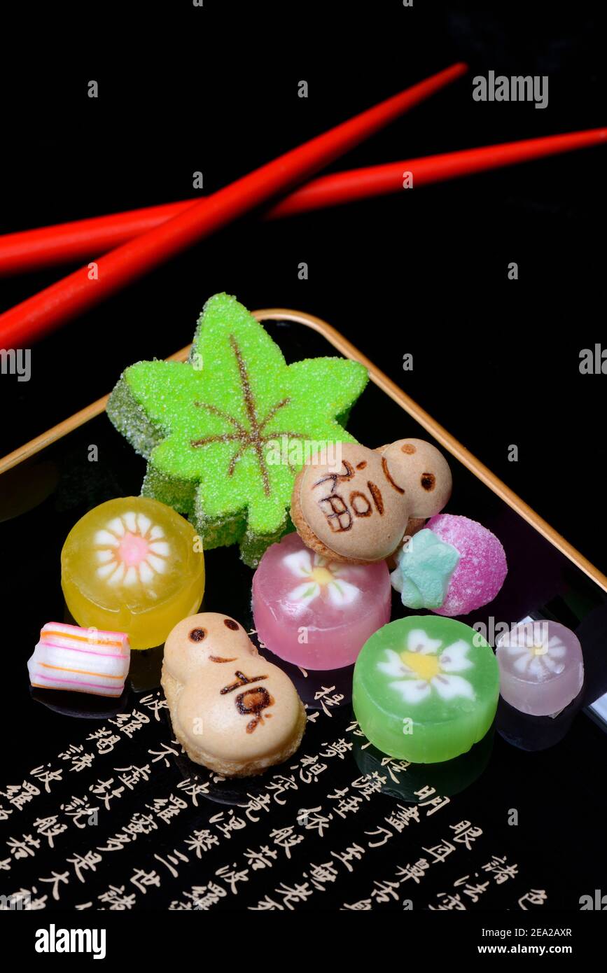 Wagashi, Japanese sweets on tray with characters, candy, sweets Stock ...
