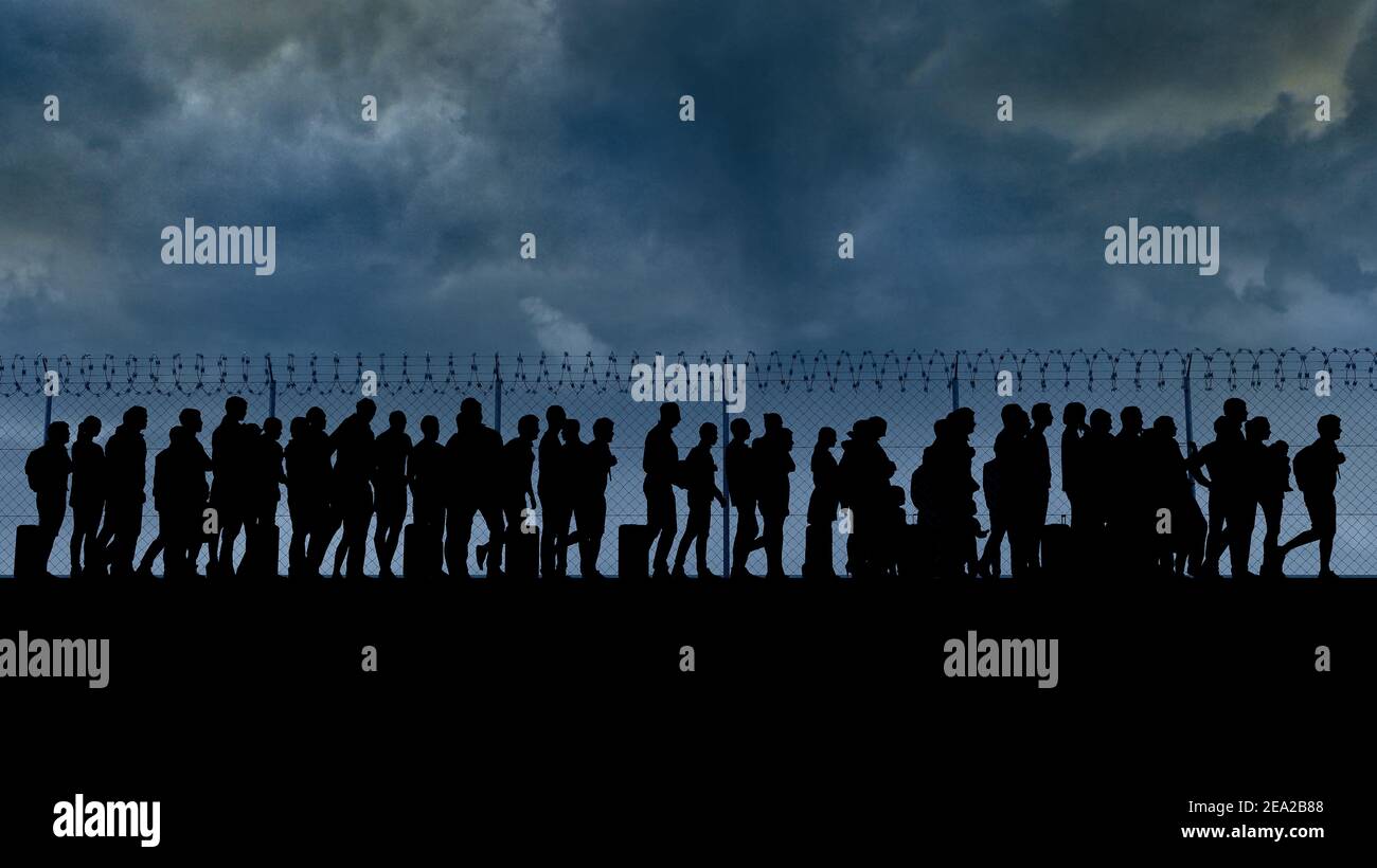 Refugees and immigrants looking for a new life. Column of migrants near ...