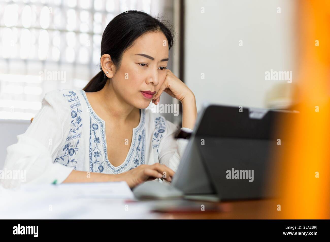 Beautiful woman working on laptop computer at home Stock Photo - Alamy
