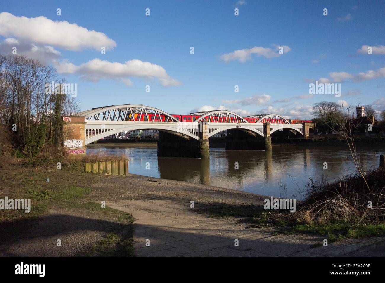 A South Western Railways passenger train crossing Barnes Bridge in ...