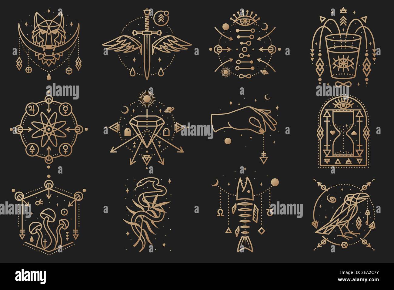 Esoteric symbols. Vector. Thin line geometric badge. Outline icon for ...