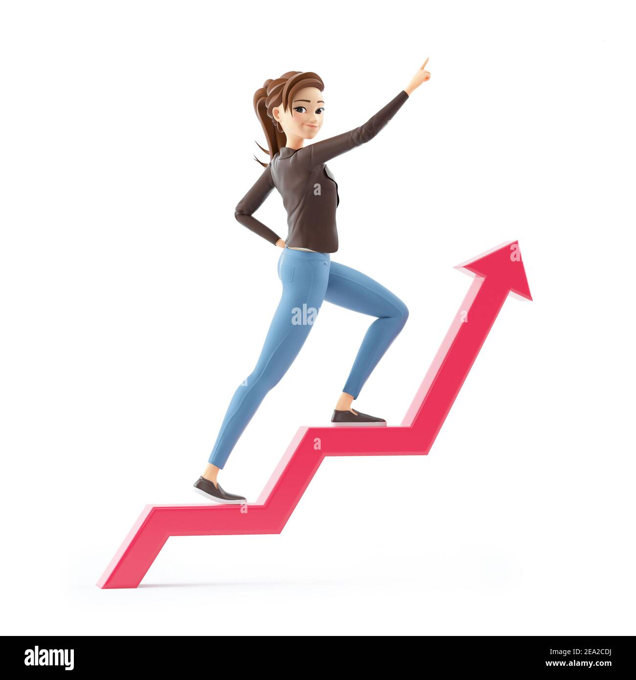 3d cartoon woman walking on growing arrow, illustration isolated on ...