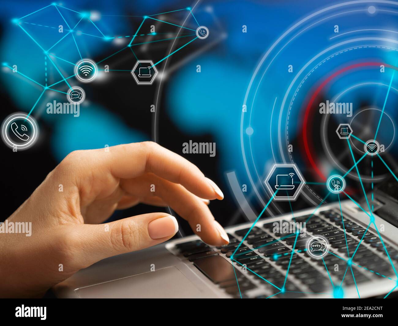 Global communications concept. Close-up hands with laptop keyboard ...