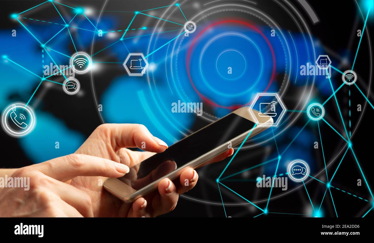 Global communications concept. Close-up hands with smartphone. Double ...
