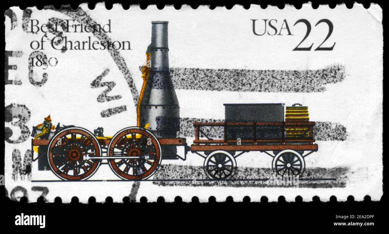 USA - CIRCA 1983: A Stamp printed in USA shows the first locomotive ...