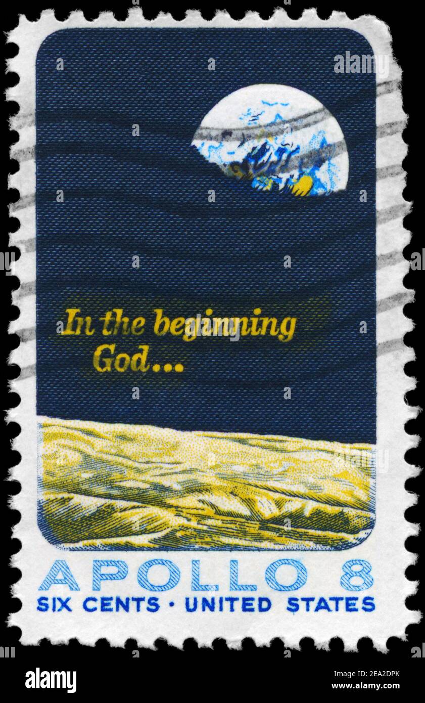 USA - CIRCA 1969: A Stamp printed in USA shows the Moon Surface and Earth, Apollo 8 Issue, circa ...