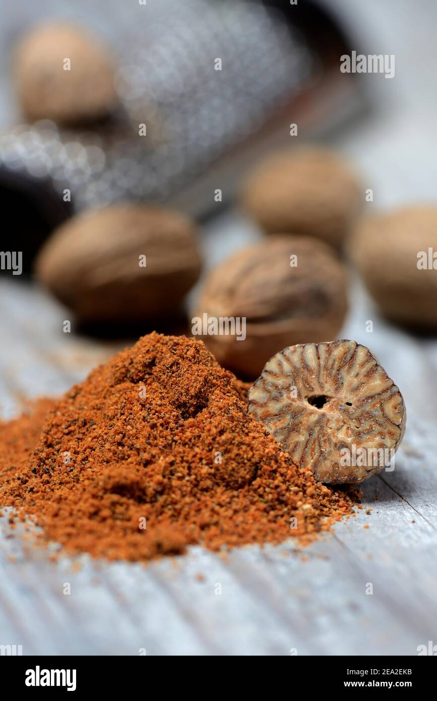 Nutmegs and nutmeg powder with grater, ground, nutmeg grater ...
