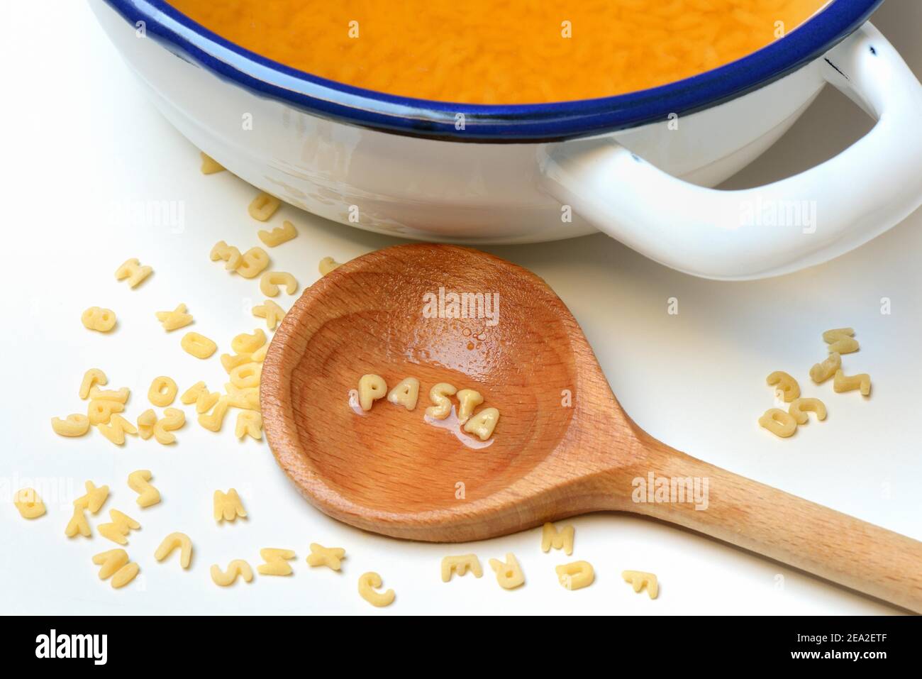 Cooking spoon with alphabet noodles and alphabet soup, pasta Stock ...
