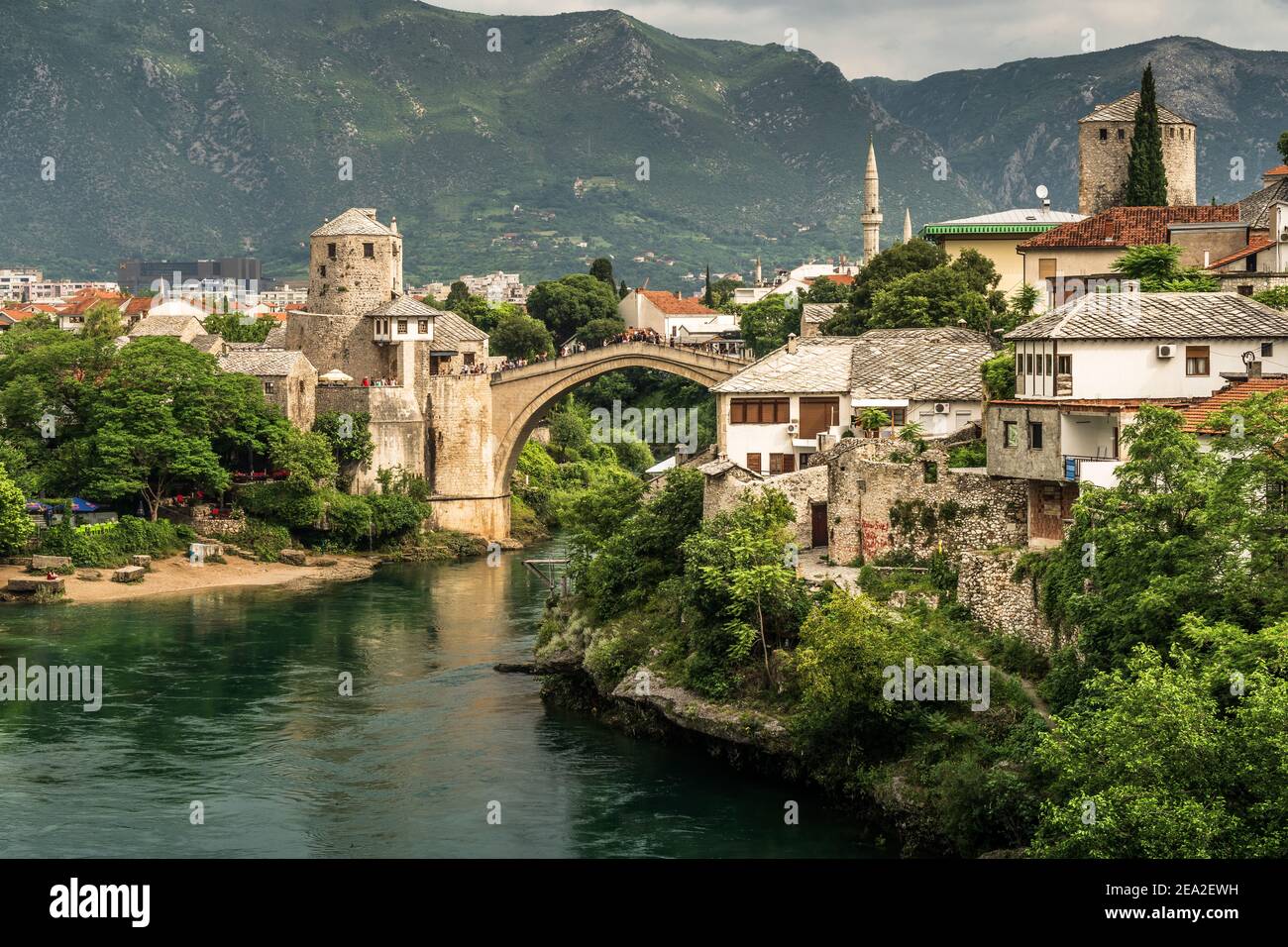 Stari Most / Mostar Bridge and over the Neretva River in Mostar, Bosnia ...
